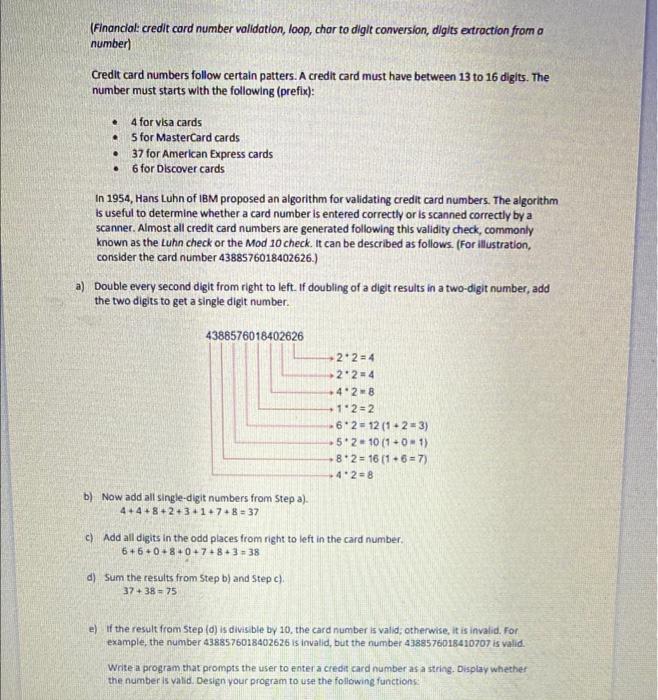 Solved (Financial credit card number validation, loop, char | Chegg.com