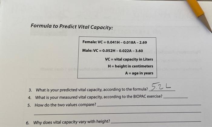 Solved Formula to Predict Vital Capacity: Female: VC = | Chegg.com