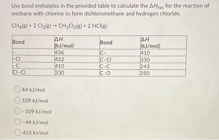 Solved Use bond enthalpies in the provided table to | Chegg.com