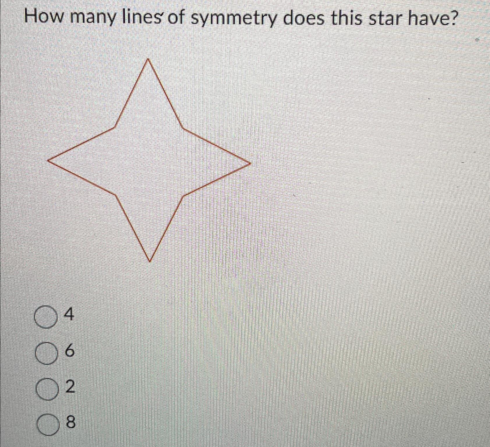 Solved How many lines of symmetry does this star have?4628 | Chegg.com