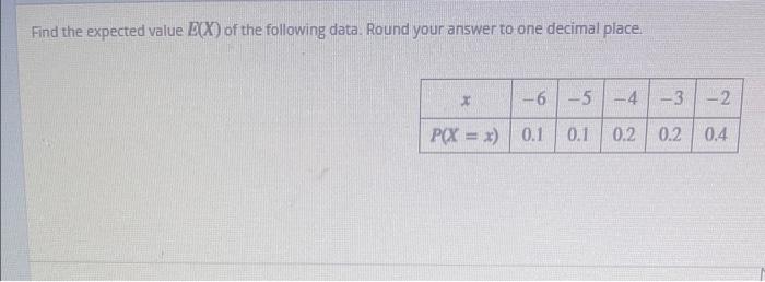 Solved Find the expected value E(X) of the following data. | Chegg.com Solved Find the expected value E(X) of the following data. | Chegg.com
