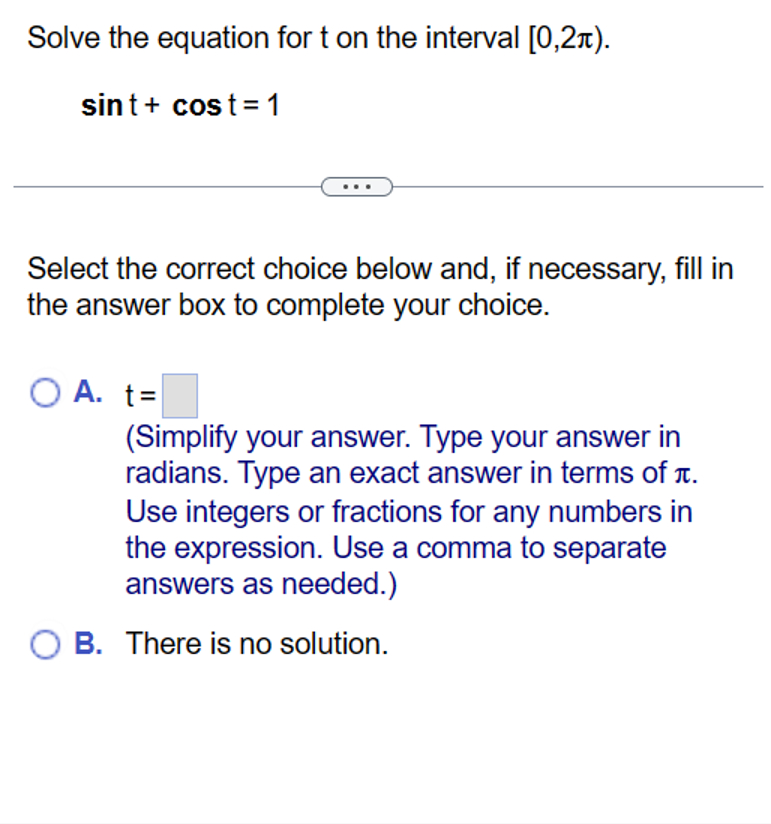 Solved Solve the equation for t ﻿on the interval | Chegg.com