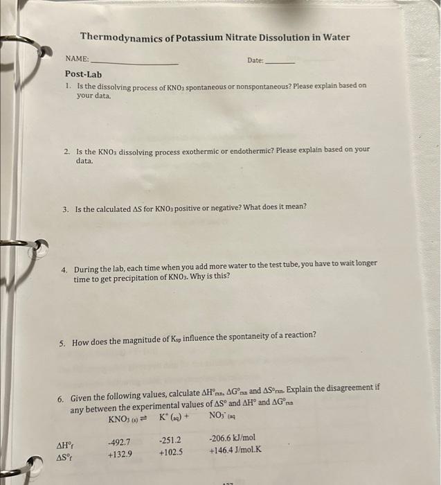 Solved Thermodynamics of Potassium Nitrate Dissolution in | Chegg.com