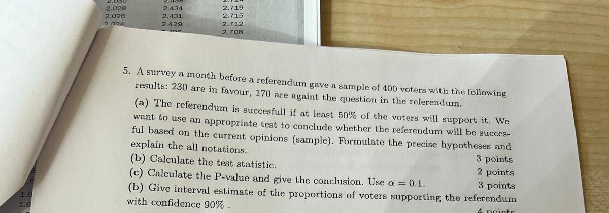 Solved A survey a month before a referendum gave a sample of | Chegg.com