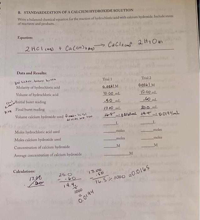 Solved B. STANDARDIZATION OF A CALCIUM HYDROXIDE | Chegg.com