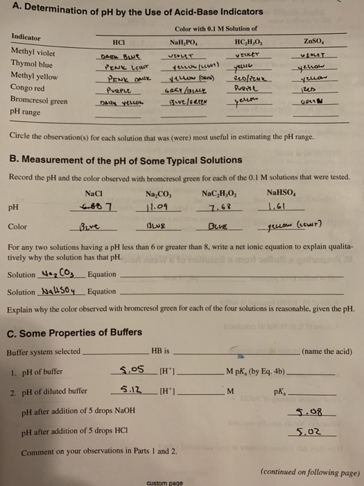 Determination of pH by the Use of Acid-Base | Chegg.com