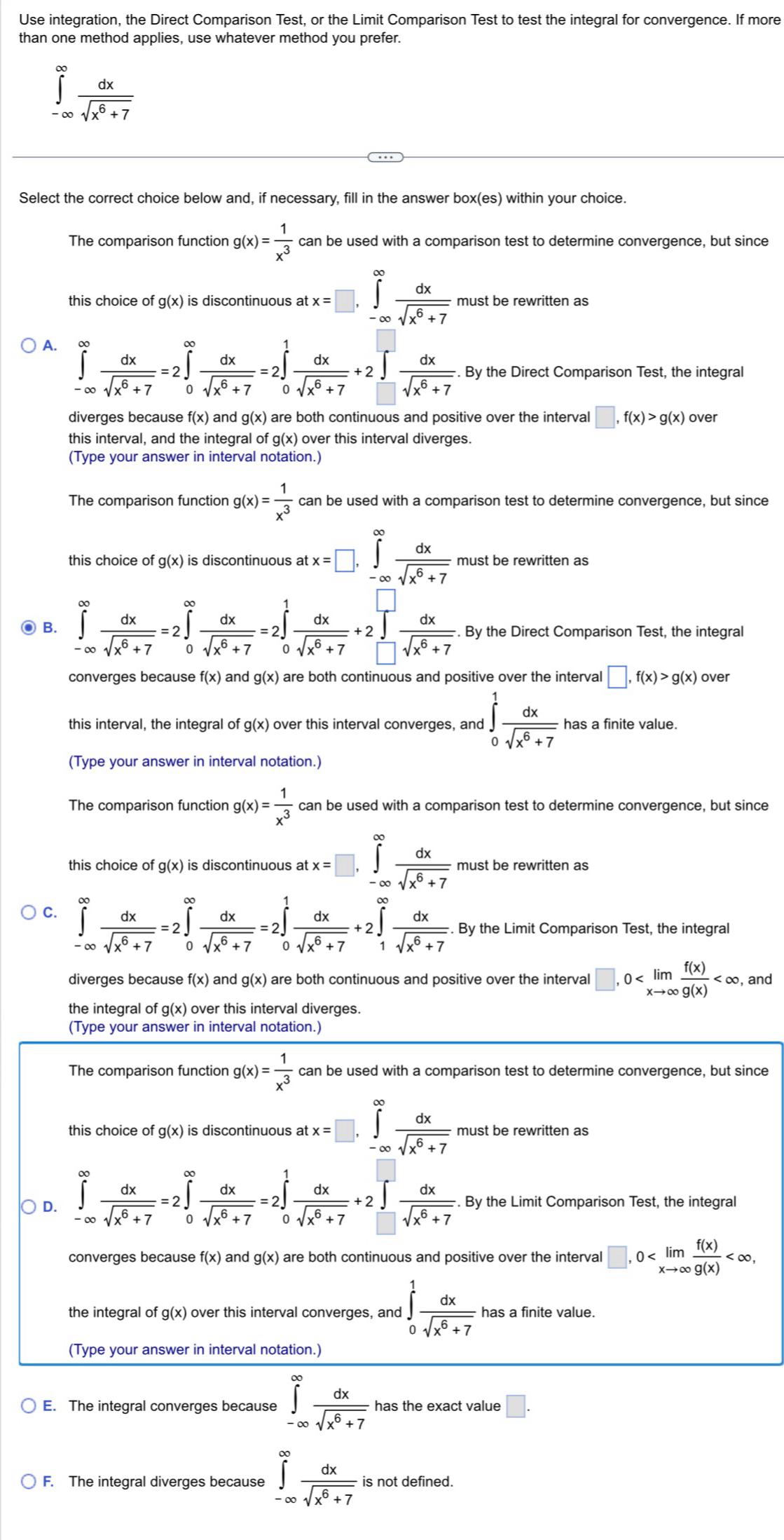 Solved Use integration, the Direct Comparison Test, or the | Chegg.com