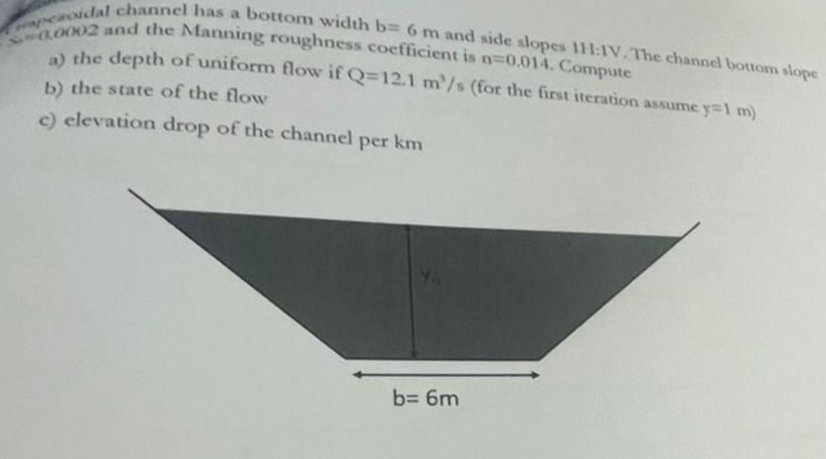 Haveroidal channel has a bottom width b=6 m and side | Chegg.com