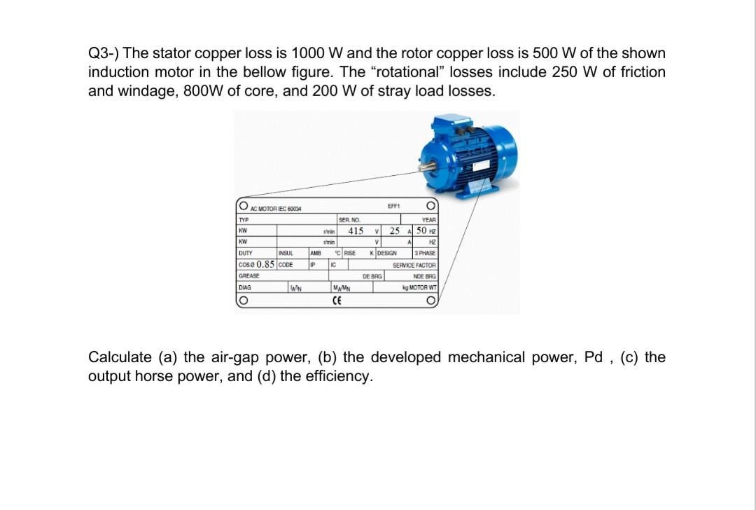 Solved Q3-) The stator copper loss is 1000 W and the rotor | Chegg.com