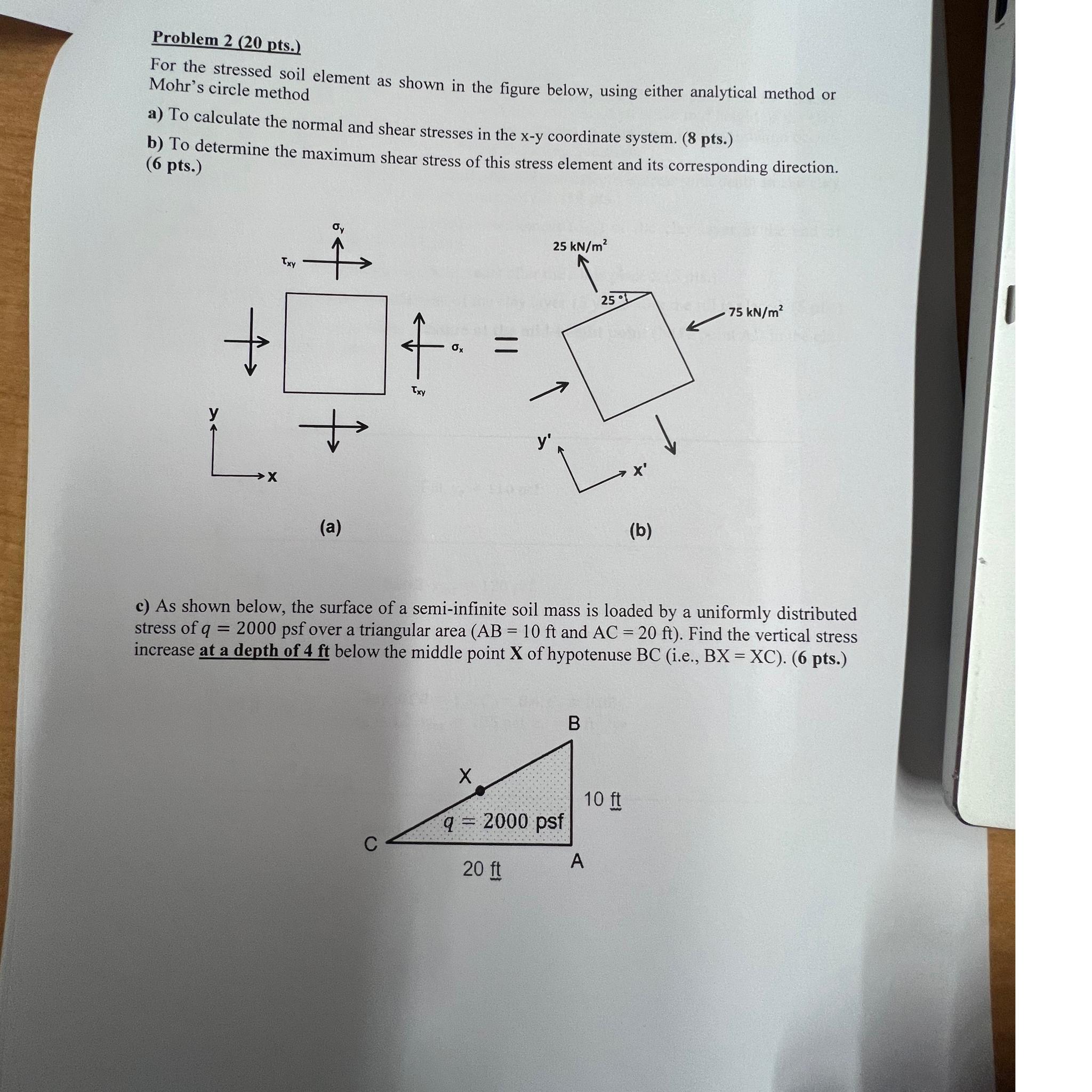 Solved Problem 2 (20 ﻿pts.)For the stressed soil element as | Chegg.com