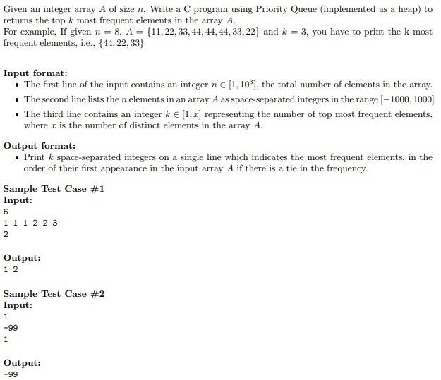 Solved Given an integer array A of size n. Write a C program | Chegg.com