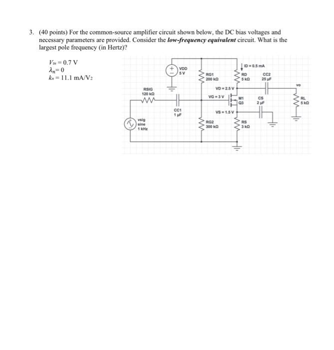 Solved 3. (40 points) For the common-source amplifier | Chegg.com