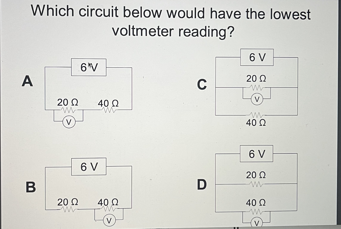 Solved Which circuit below would have the lowestvoltmeter | Chegg.com