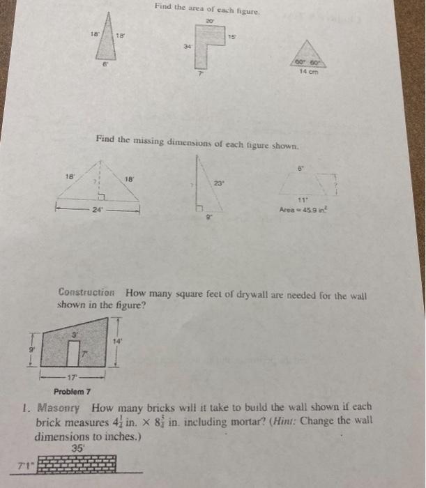Solved Find the area of each figure. Find the missing | Chegg.com