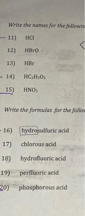 Solved Write the names for the followin 11) HCl 12) HBrO 13) | Chegg.com