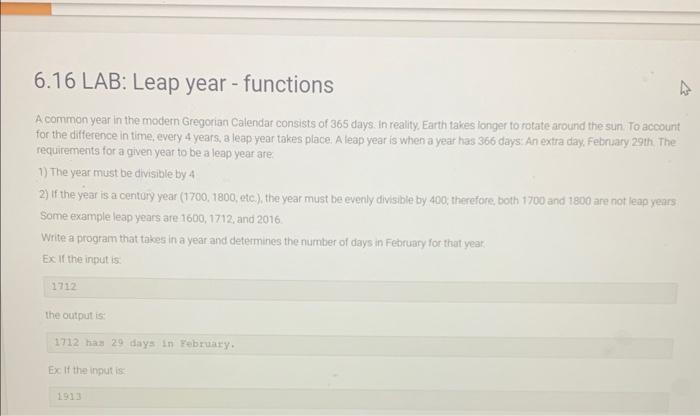 Solved 6.16LAB : Leap year - functions A common year in the | Chegg.com