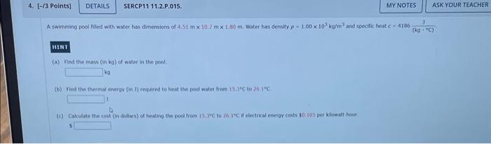 Solved A swimirning pool flled with water has dimensions of | Chegg.com