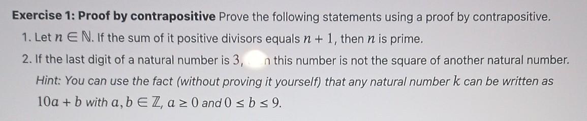 Solved Exercise 1: Proof by contrapositive Prove the | Chegg.com