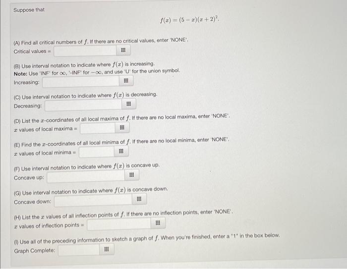 Solved Suppose that f(x)=(5−x)(x+2)2 (A) Find all critical | Chegg.com