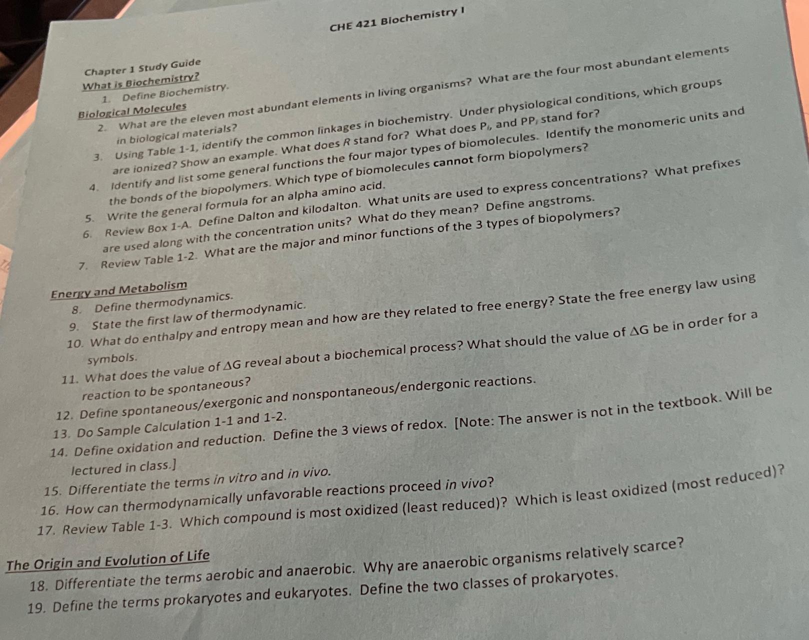 Solved Chapter 1 ﻿Study GuideWhat is Biochemistry?Define | Chegg.com