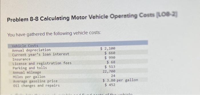 Solved Problem 8-8 Calculating Motor Vehicle Operating Costs | Chegg.com