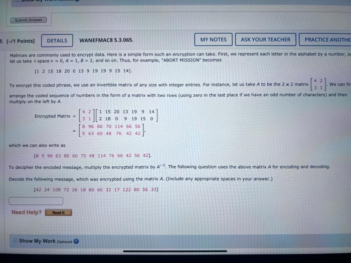 Solved Matrices Are Commonly Used To Encrypt Data Here Is A