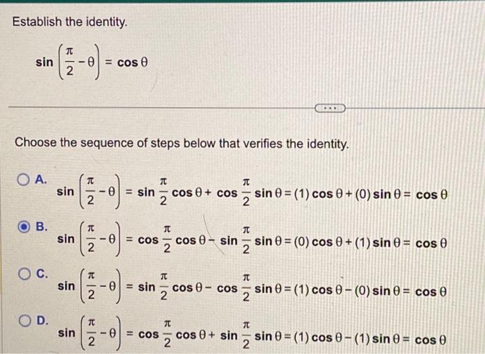 Solved Establish the identity. sin(2π−θ)=cosθ Choose the | Chegg.com