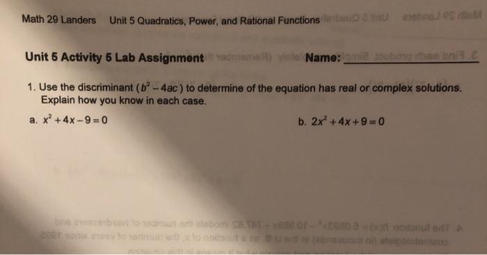 Solved Math 29 Landers Unit 5 Quadratics, Power, and | Chegg.com