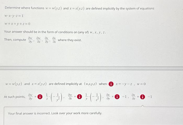 Solved Determine where functions w=w(y,z) and x=x(y,z) are | Chegg.com
