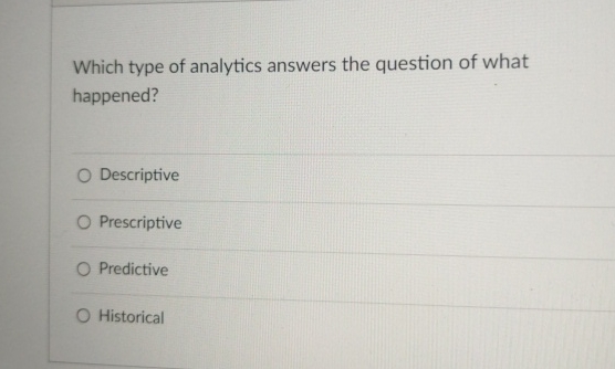 Solved Which type of analytics answers the question of what | Chegg.com