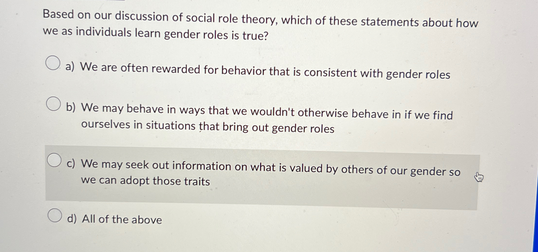 Solved Based on our discussion of social role theory, which | Chegg.com