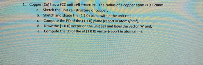 Solved 1. Copper (Cu) has a FCC unit cell structure. The | Chegg.com
