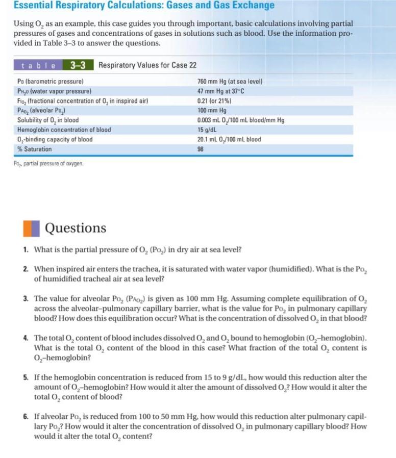 Solved Essential Respiratory Calculations: Gases and Gas | Chegg.com