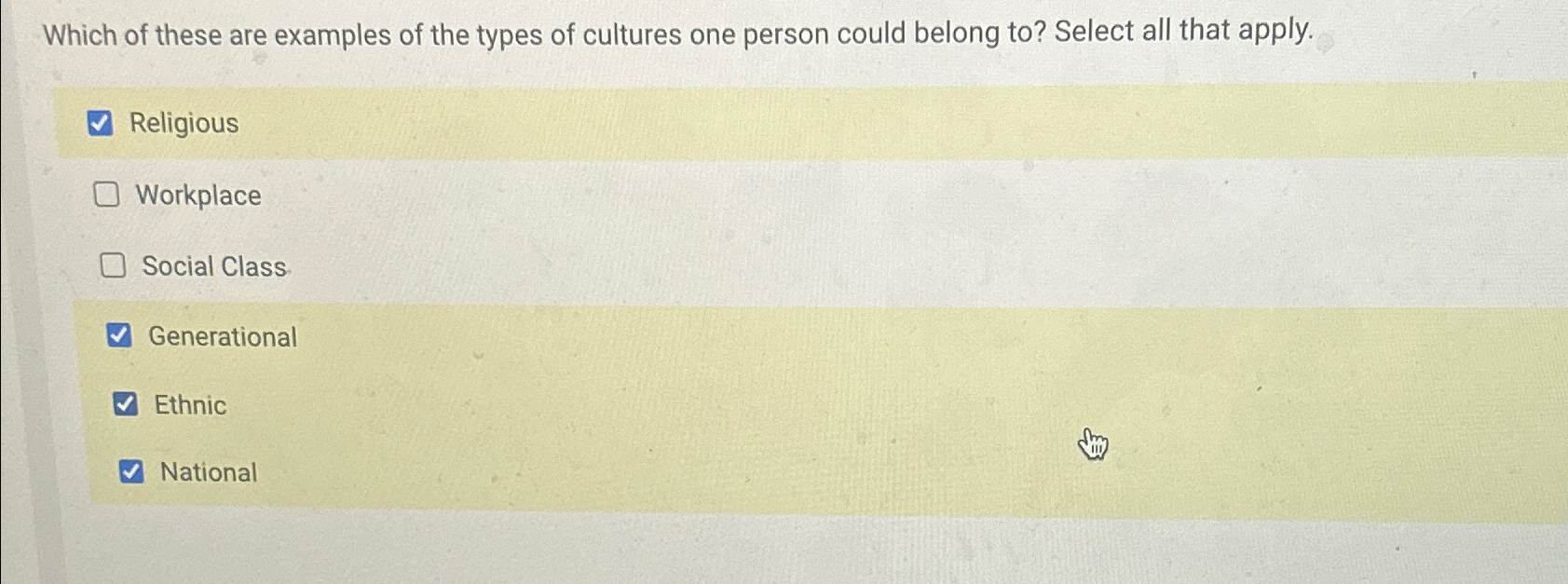 Solved Which of these are examples of the types of cultures | Chegg.com