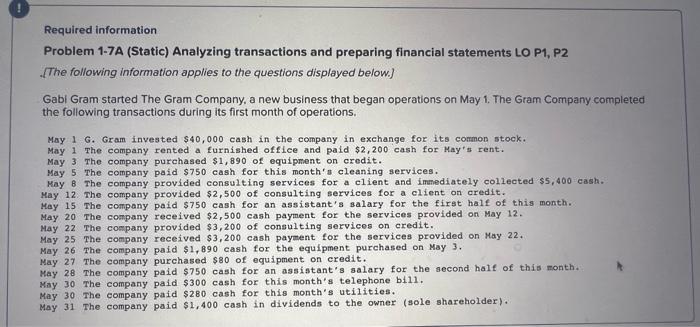 Solved Required information Problem 1-7A (Static) Analyzing | Chegg.com