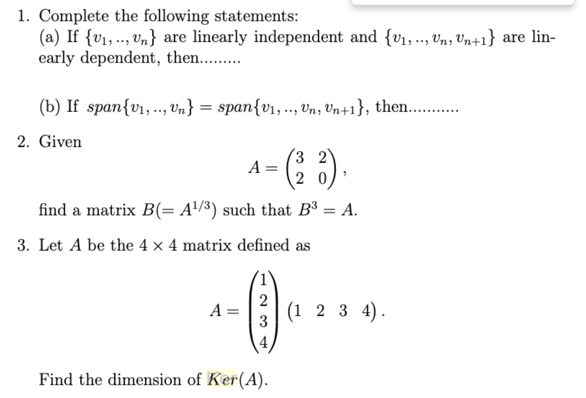 Solved Complete the following statements:(a) ﻿If {v1,..,vn} | Chegg.com