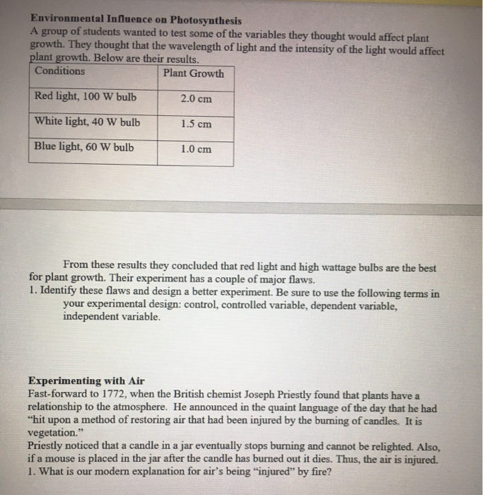 Solved Experimenting with Plants All too frequently we study | Chegg.com
