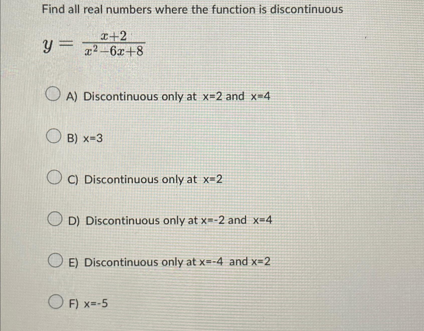 Solved Find all real numbers where the function is | Chegg.com