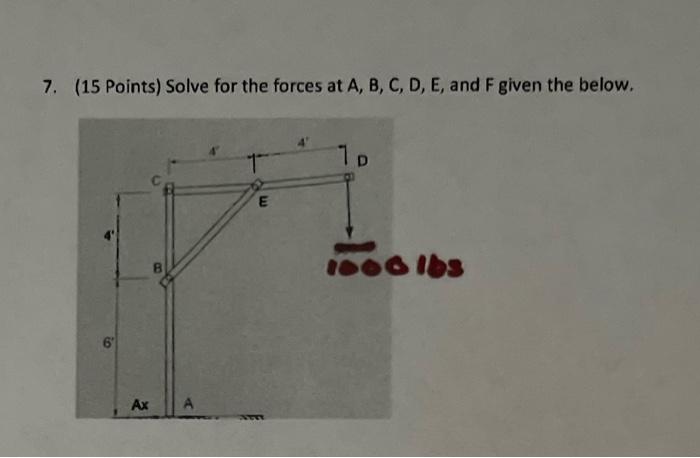 Solved 7. (15 Points) Solve for the forces at A, B, C, D, E, | Chegg.com