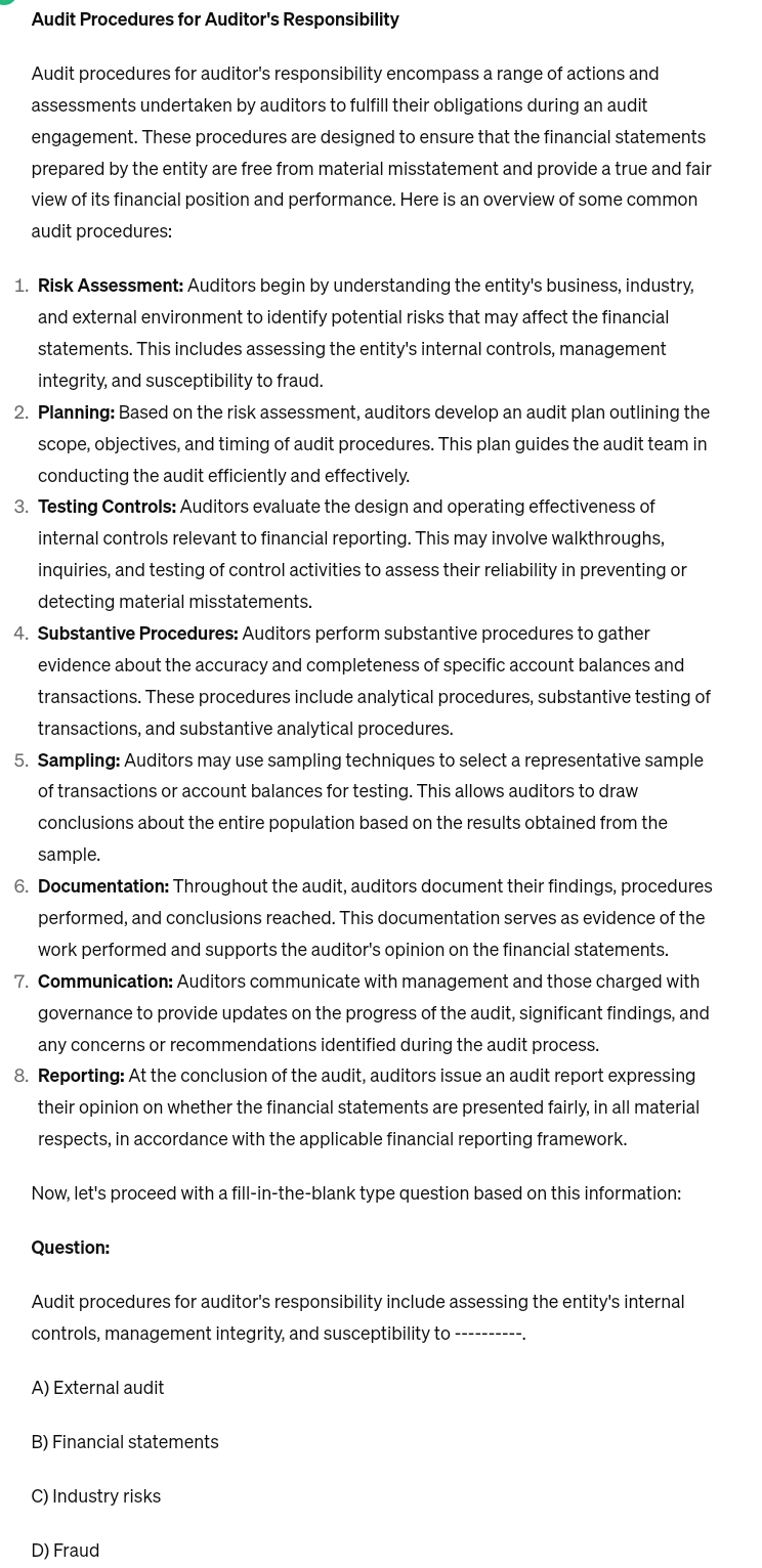 Solved Audit Procedures for Auditor's ResponsibilityAudit | Chegg.com