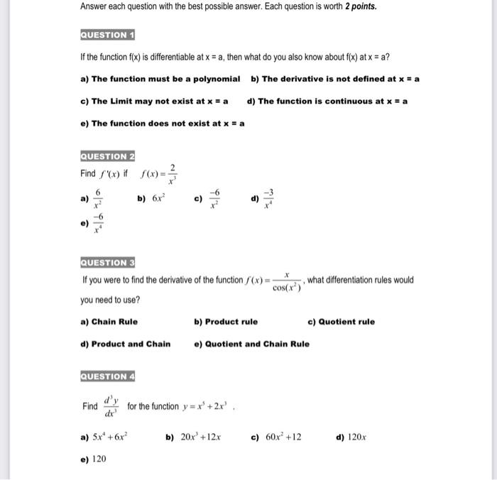 Solved Answer each question with the best possible answer. | Chegg.com