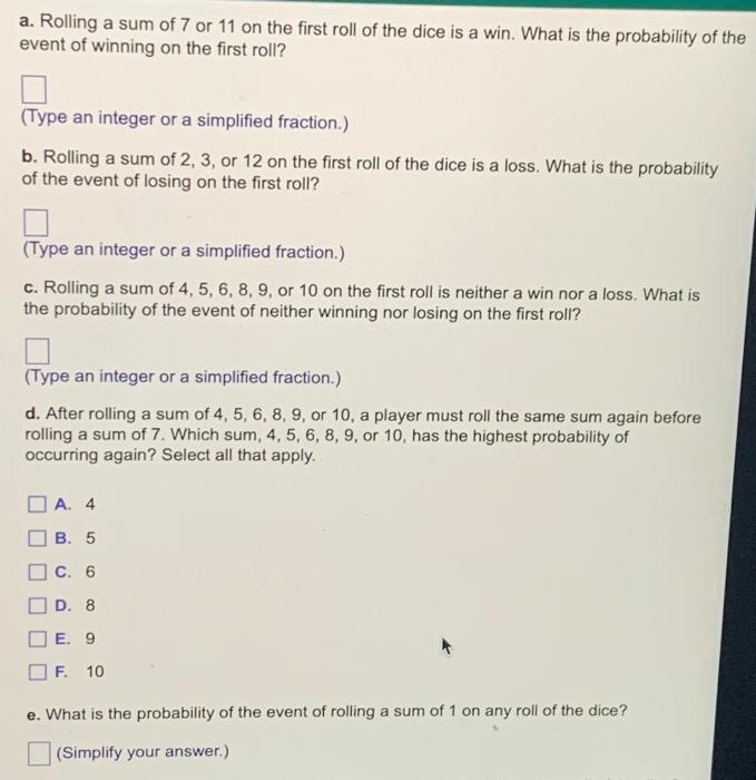 Solved This problem refers to a very popular dice game, | Chegg.com