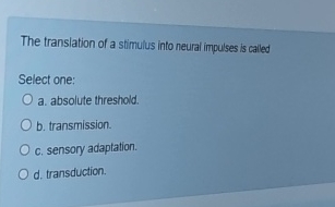 Solved The translation of a stimulus into neural impulses is | Chegg.com