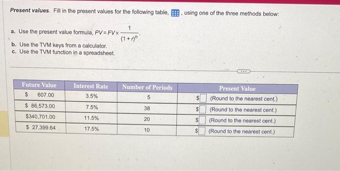 Solved Present values. Fill in the present values for the | Chegg.com