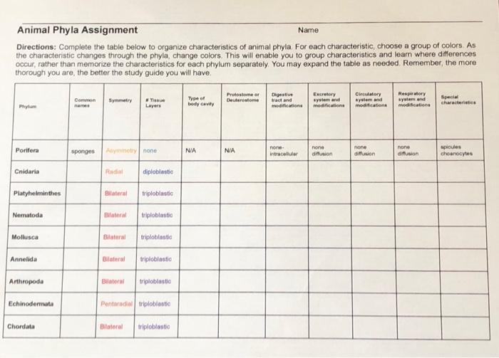 Solved Animal Phyla Assignment Name Directions: Complete the | Chegg.com