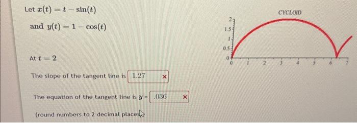 Solved Let x(t)=t−sin(t) and y(t)=1−cos(t) At t=2 The slope | Chegg.com