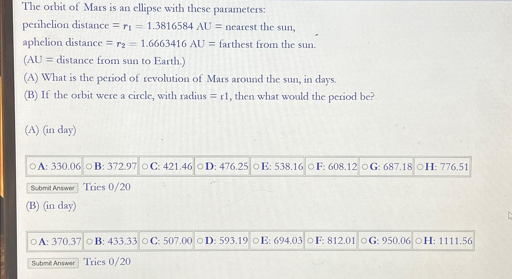Solved The orbit of Mars is an ellipse with these | Chegg.com
