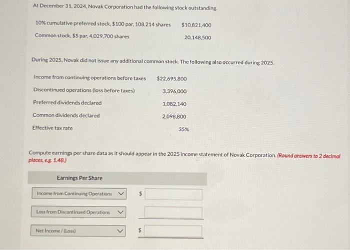 Solved At December 31, 2024, Novak Corporation had the | Chegg.com