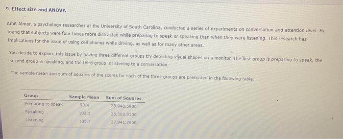 Solved 9. Effect size and ANOVA Amit Almor, a psychology | Chegg.com