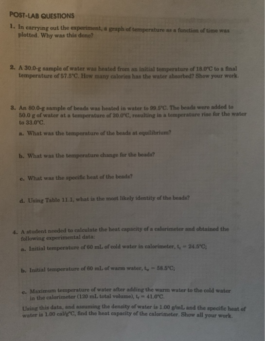 Solved POST-LAB QUESTIONS 1. In carrying out the experiment, | Chegg.com